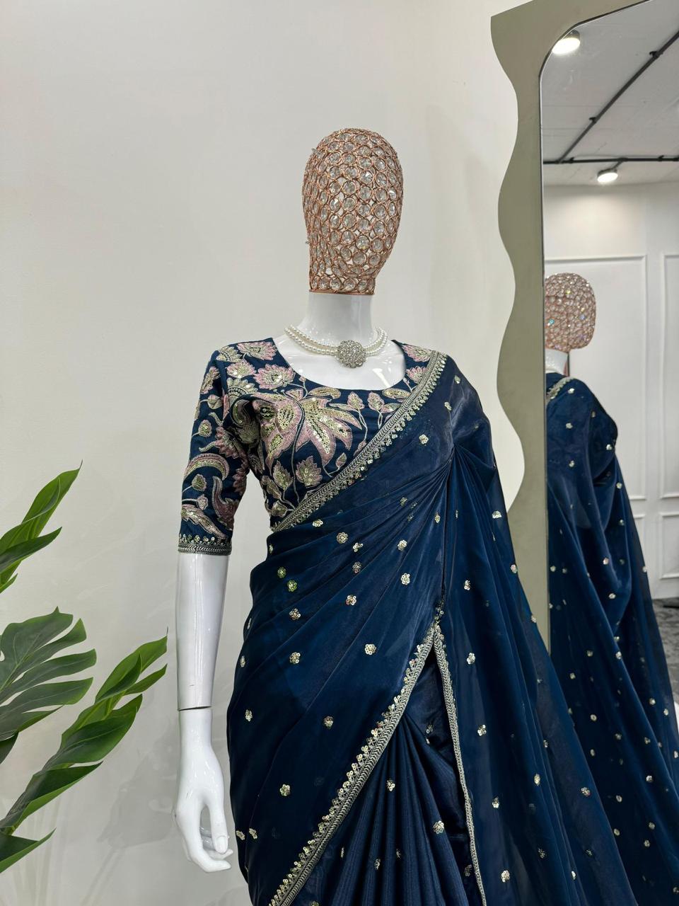 Adrika Kumkuma Silk Sequin Navy Blue Saree – Nonita Fashion