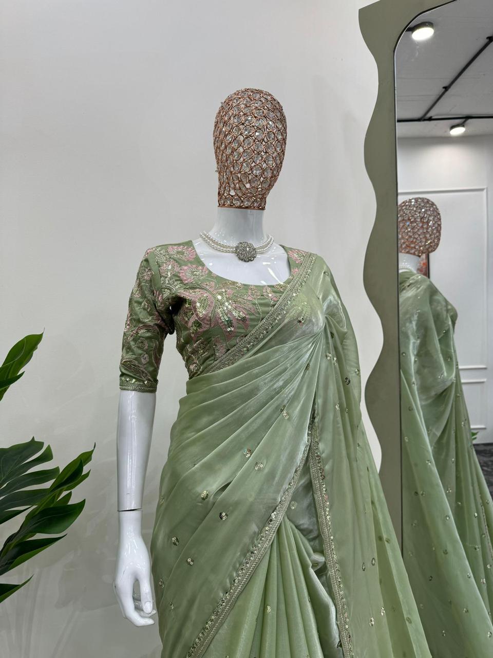 Adrika Kumkuma Silk Sequin Green Saree – Nonita Fashion